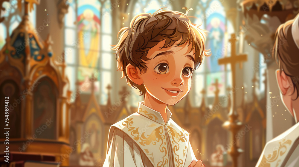 Caricature, design, card of a little boy dressed in an altar boy's suit ...