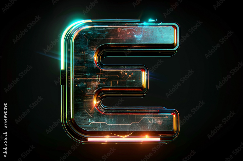 Futuristic 3D uppercase typography, alphabet letter E with metal ...
