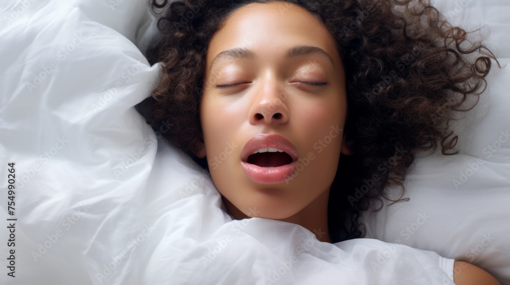 Woman's face during an orgasm in bed. Women's pleasure. A beautiful ...