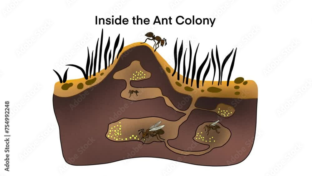 Ant colony living underground, Cartoon anthill colony at soil, insects ...