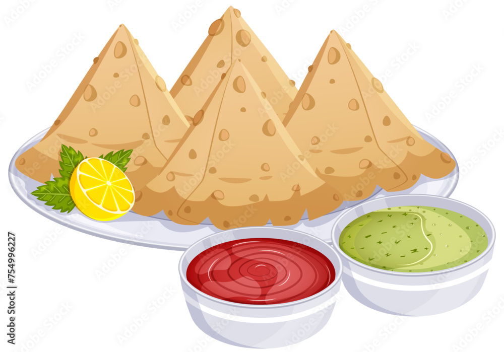 Plate Full of Samosas with Side Servings of Green Chutney and Ketchup ...