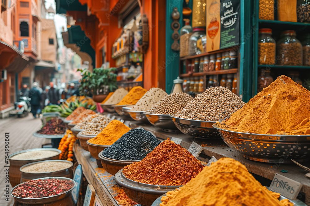 Colourful spice piles and local commodities on display at a bustling ...
