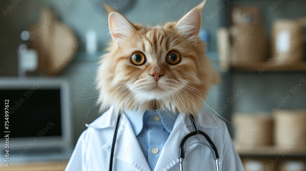 Persian cat wearing doctor uniform, dressed as doctor in vet hospital ...