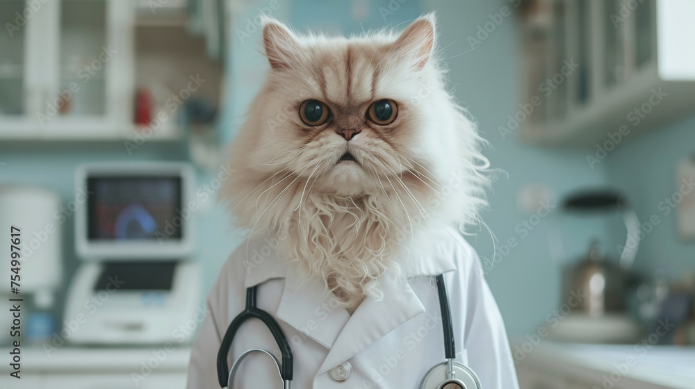 Persian cat wearing doctor uniform, dressed as doctor in vet hospital ...