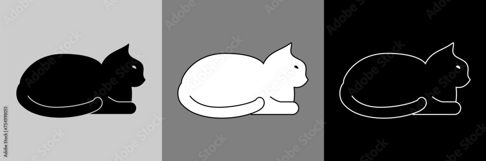 3 versions de pictogrammes d’un chat de profil et couché - en ...