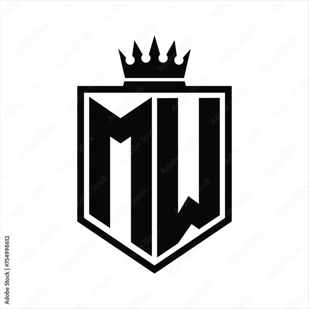 MW Logo monogram bold shield geometric shape with crown outline black ...