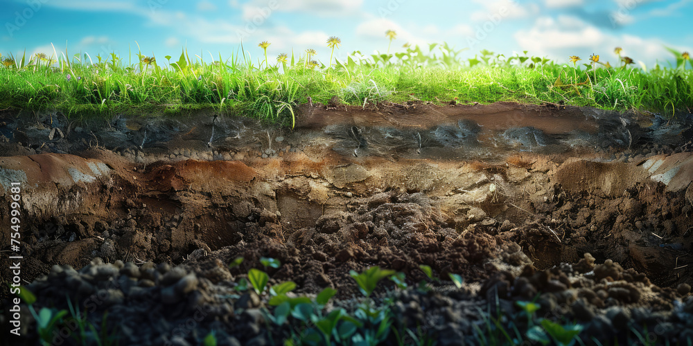 Soil Cross Section with Emerging Seedlings. Detailed cross-section of ...