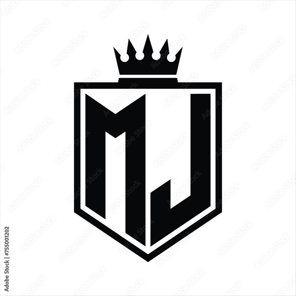 MJ Logo monogram bold shield geometric shape with crown outline black ...
