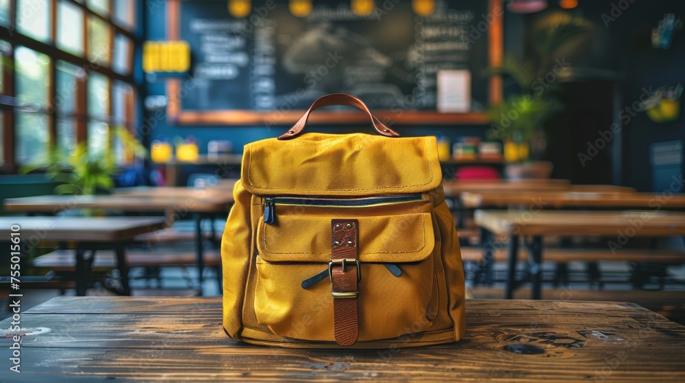 Back to school concept. New school bag on a student's desk in the ...