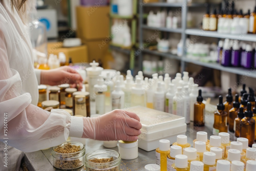 assembly line of a natural cosmetics factory, cosmetics on the conveyor ...