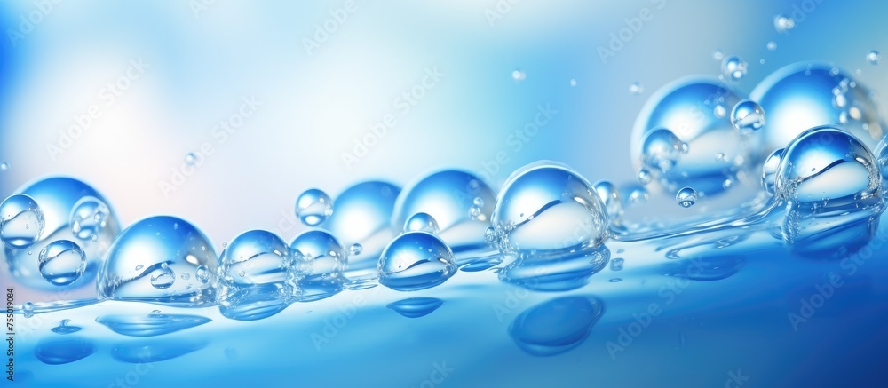 A line of liquid water drops on a sky blue background resembling a ...