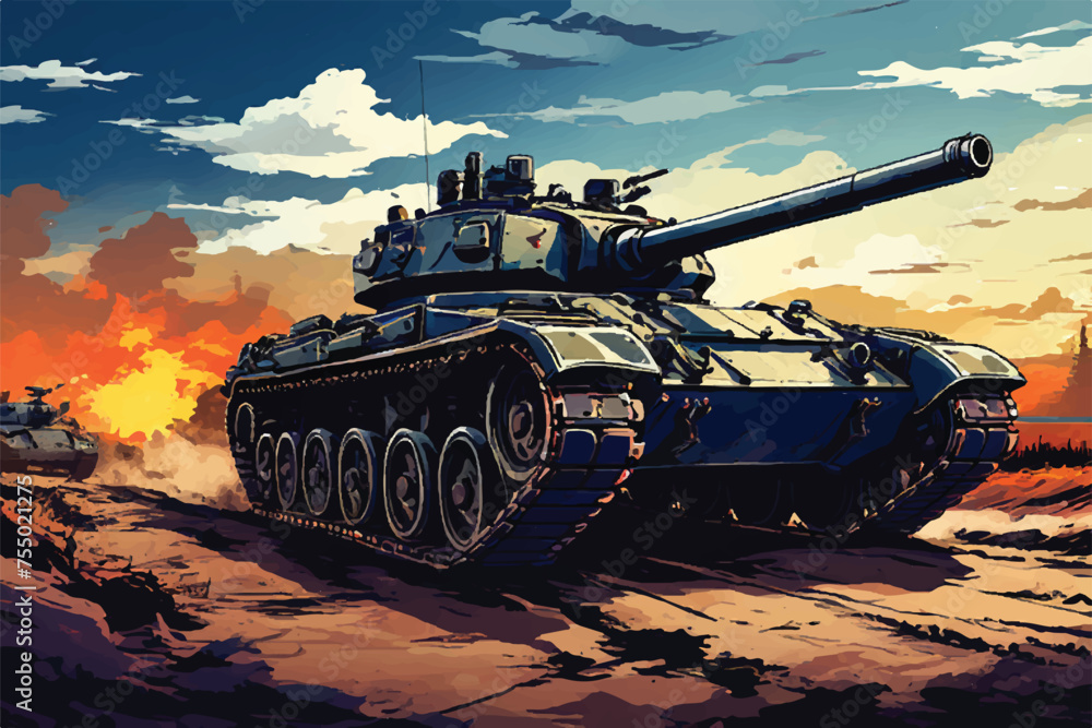 An illustration of an Army tank in combat. A scene from a battleground ...