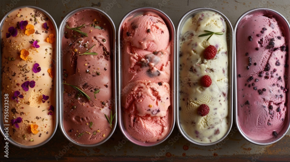 four tins of ice cream with different flavors of ice cream and toppings ...