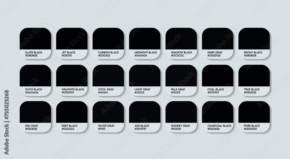 Black Color Guide Palette with Color Names. Catalog Samples are Black ...
