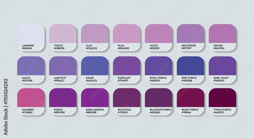 Purple Color Palette, Guide with Color Names. Catalog Samples Purple ...
