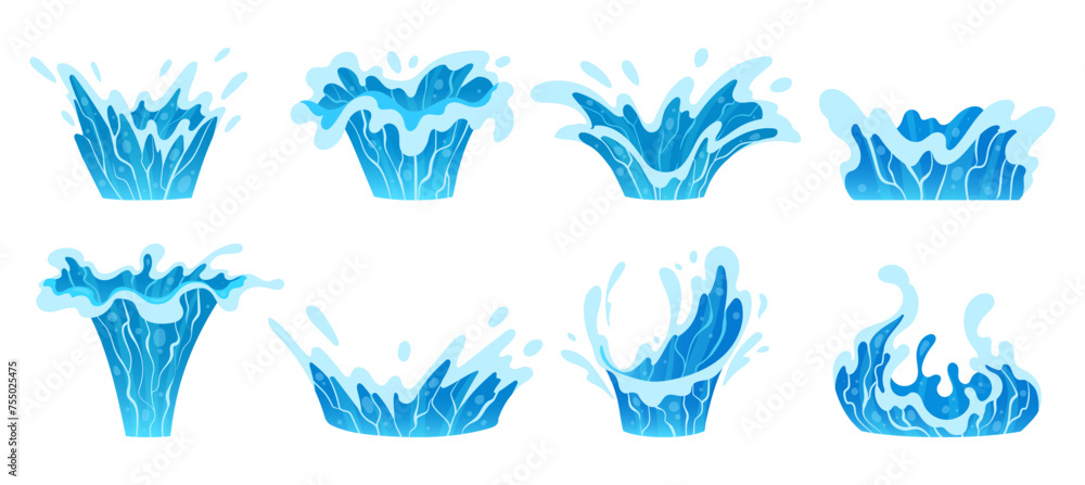 Cartoon water splashes. Blue ocean waves, aqua splashing, clean water ...