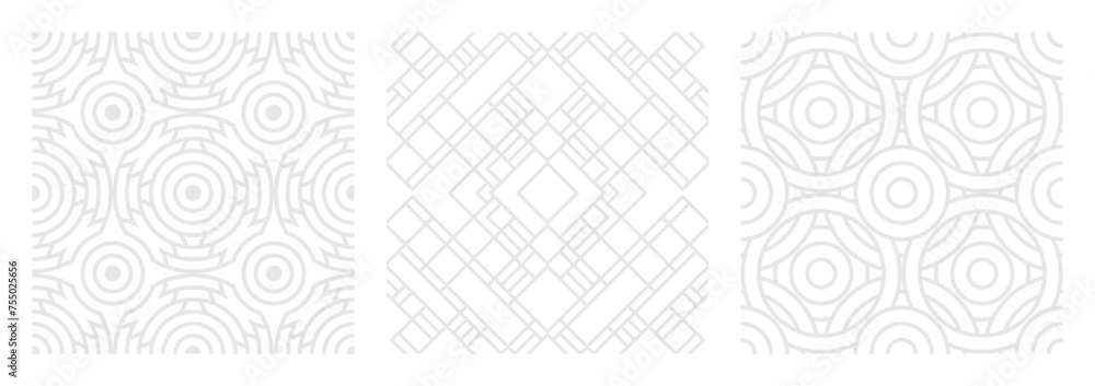 Set of seamless gray patterns of circles arcs lines to create fabric ...