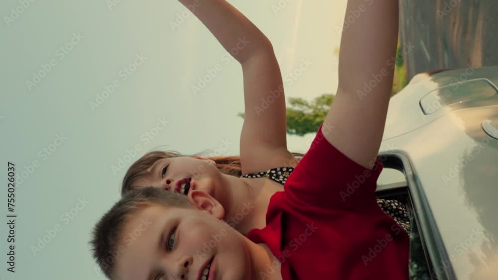 Children smile, enjoy family vacation, car ride. Little girl, boy child ...