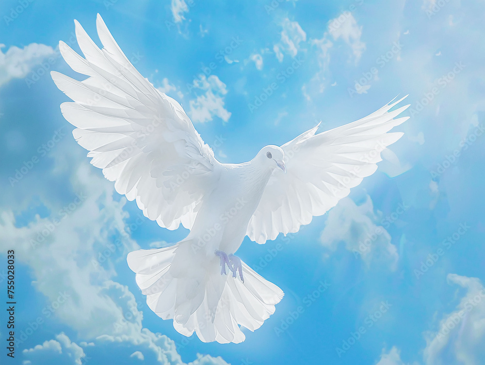 Soaring White Dove in Blue Sky, personification of the essence of the ...