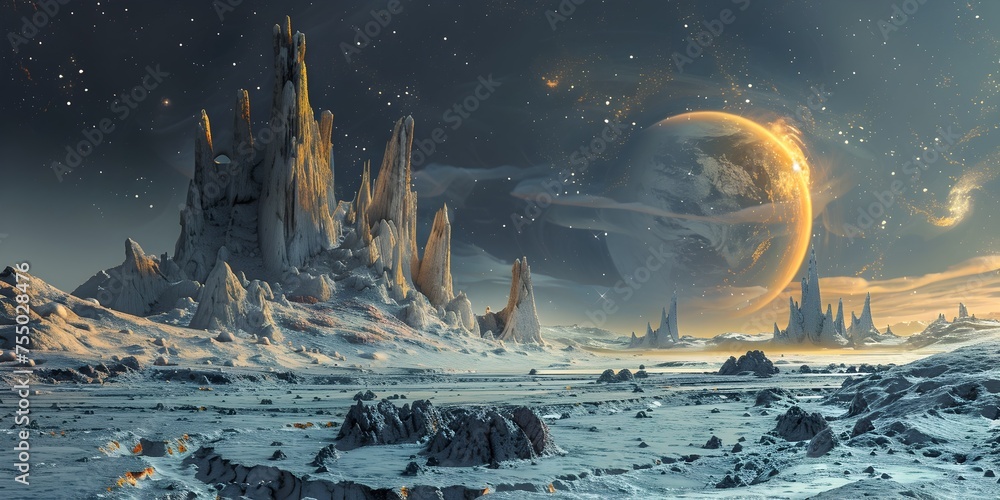 Alien Space Landscape with Frozen Mountains and Planet, To provide a ...