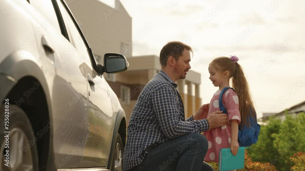 Happy family cute little daughter pupil and caring father embracing ...