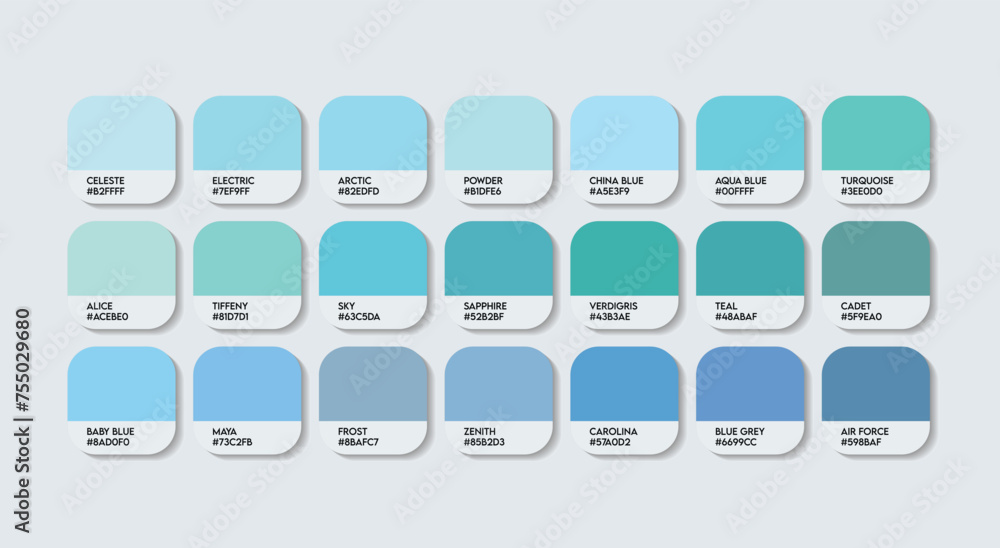 Light Blue Color Palette with Color Names. Catalog Samples Blue with ...