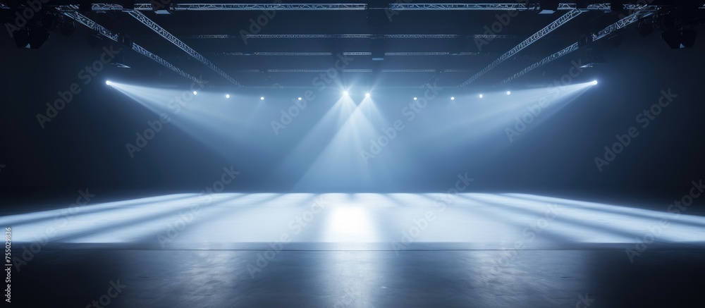 An empty stage in a modern exhibition interior is brightly lit by ...