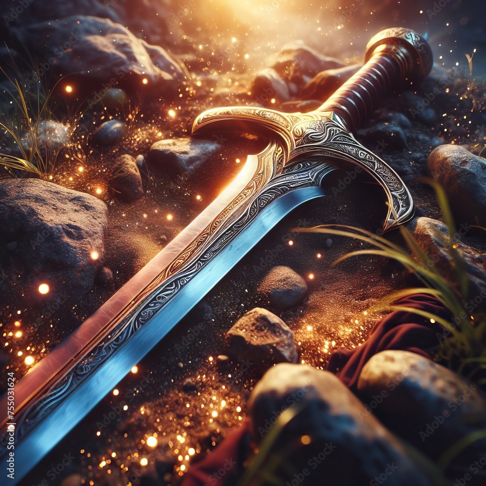 An enchanted sword dagger with ornate handle glowing with mystical ...