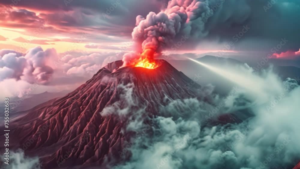 Aerial view of a large volcano erupting A large volcano erupts ...