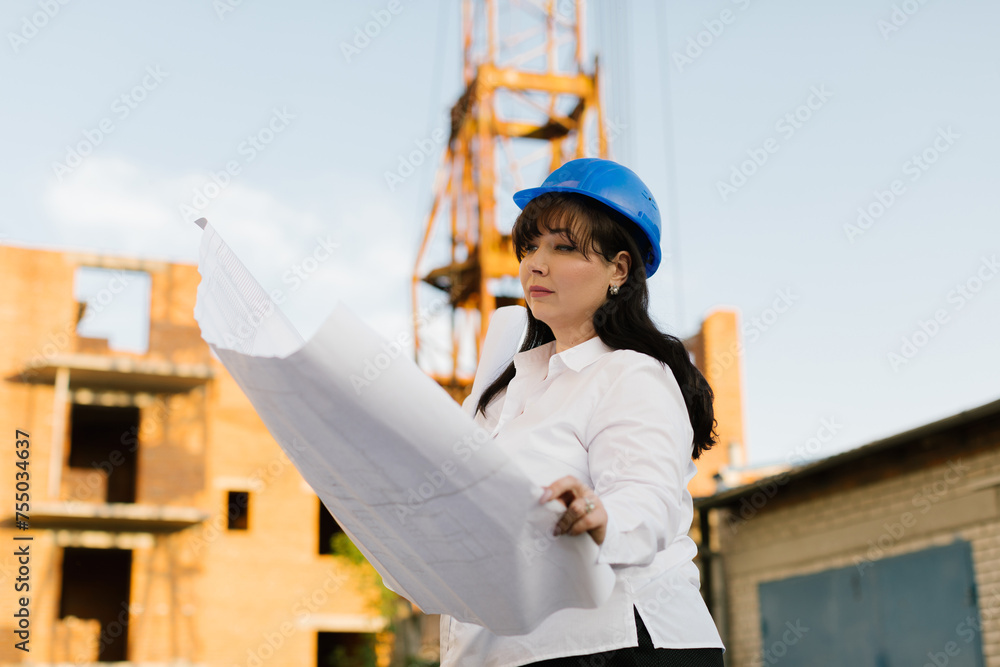 Plus size female engineer in a white shirt and blue helmet is holding ...