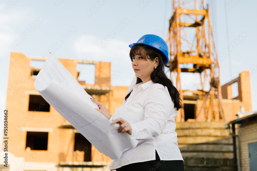 Plus size female engineer in a white shirt and blue helmet is holding ...