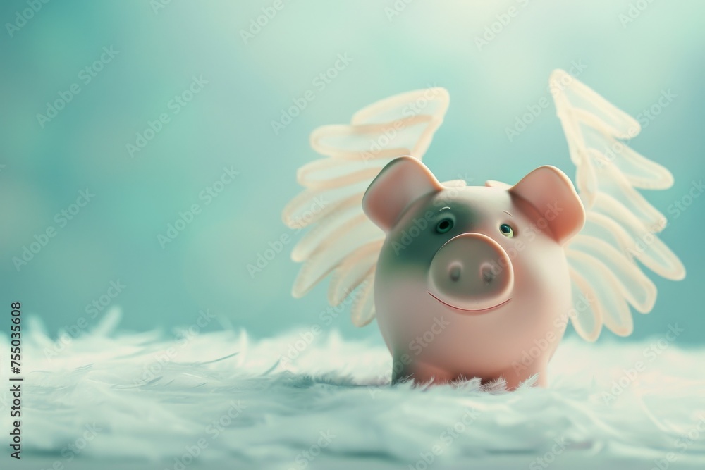 Dreamy piggy bank with gossamer angel wings highlighted on a seamless ...