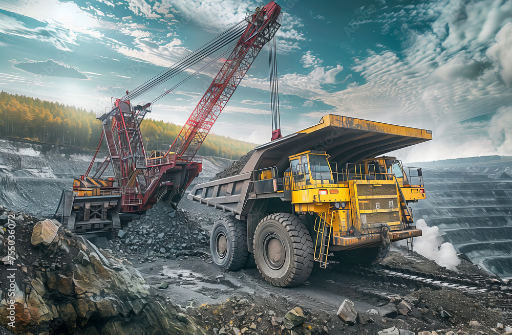Open-Pit Mining Operation. Dynamic open-pit mine scene with a large haul truck and excavator ...