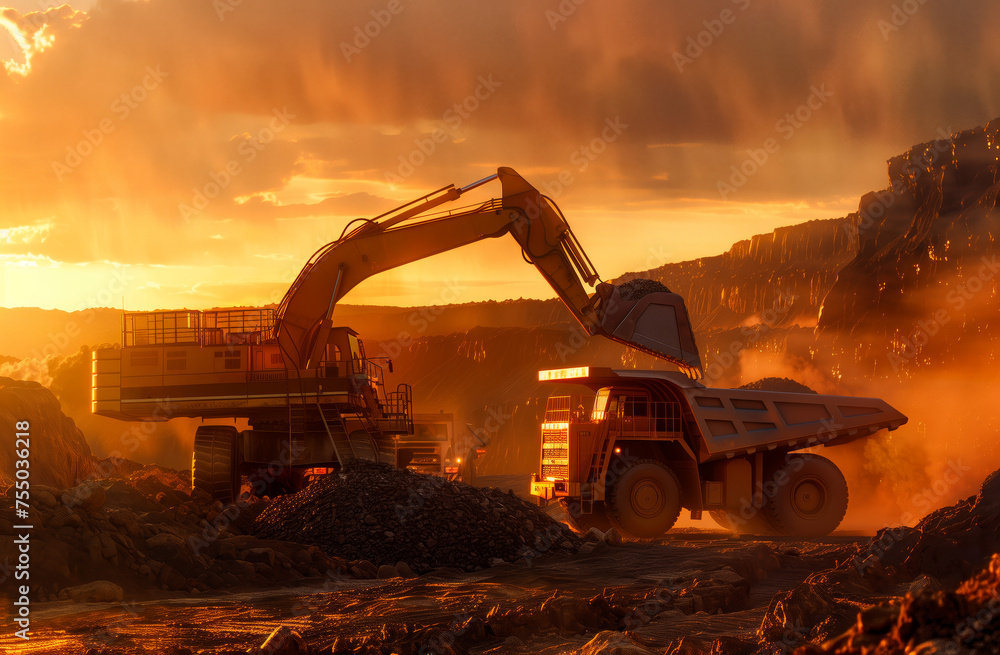 Mining site as an excavator loads iron ore into a heavy-duty truck ...