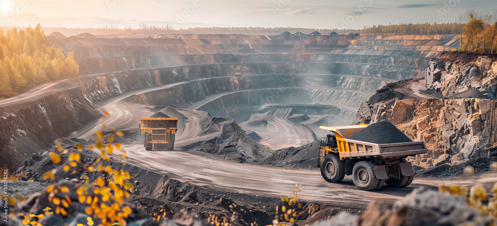 Industrial Mining Trucks at Open Pit Mine. Heavy-duty trucks loaded ...