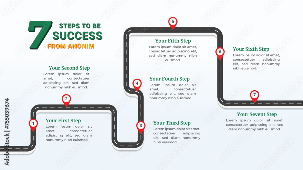 7 Steps Road Map Infographic with Pin Pointers and Editable Text on a ...