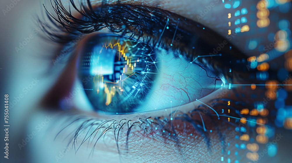 financial chart human eye futuristic background, uptrend line ...