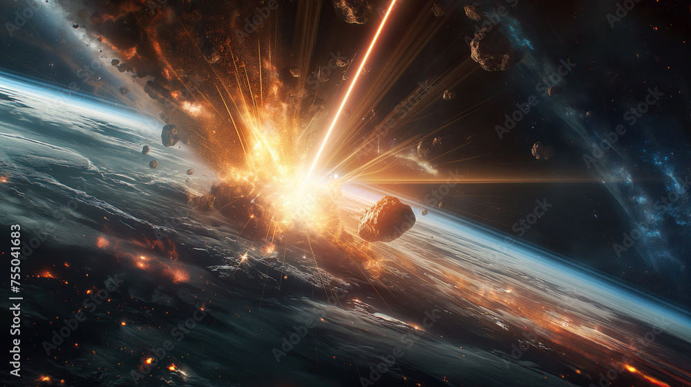 Majestic asteroid being destroyed by a laser shot from Earth Stock ...