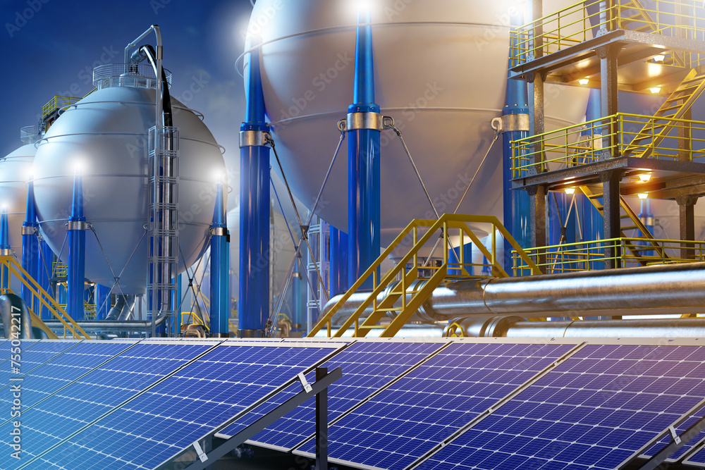 Industrial power plant. Solar panels near manufactory. Spherical high ...