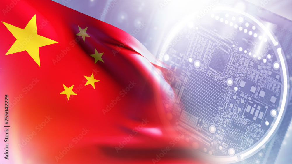 Microprocessor made in China. Computer board. PCB with China flag ...