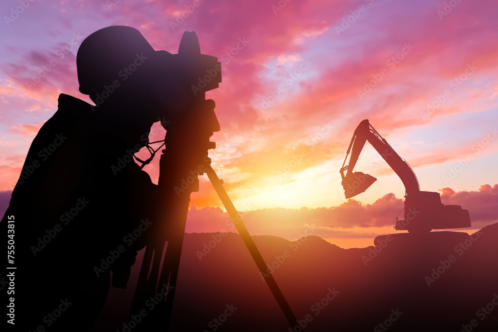 Silhouette surveyor. Man with geodetic instrument at sunset. Surveyor ...