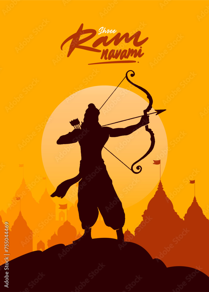 Shree Ram Navami, vector Illustration, silhouette of Lord Ram bow arrow ...