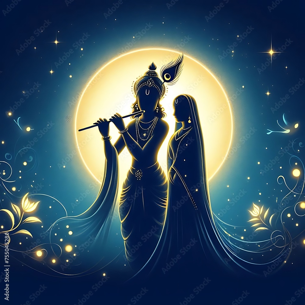 Silhouette of Lord Krishna and Radha Rani in the Moon light Stock Photo ...