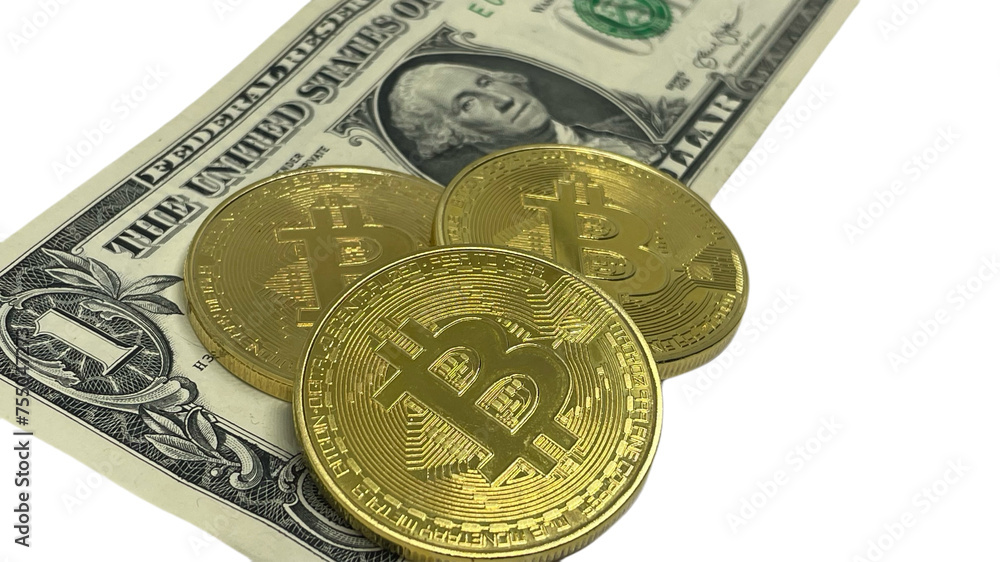 Golden Bitcoin coins on a slanted US one-dollar bill, highlighting the ...