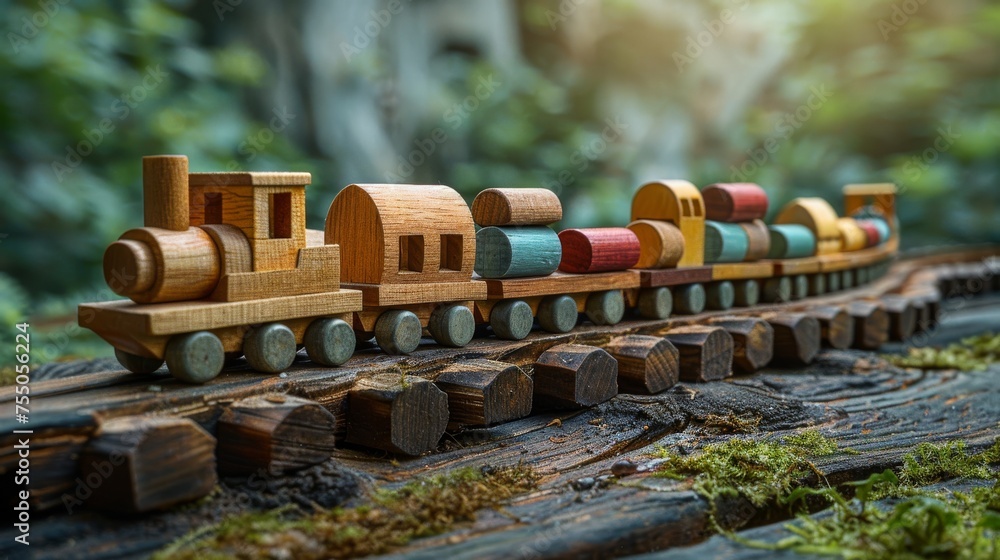 Toy train made from wood with colorful blocks on a green background ...