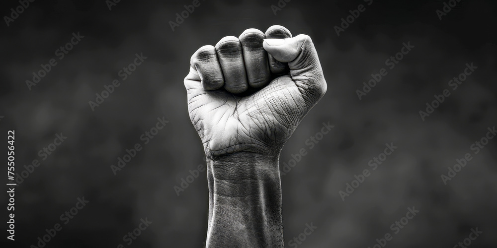 This black and white photo captures a powerful fist clenched tightly ...