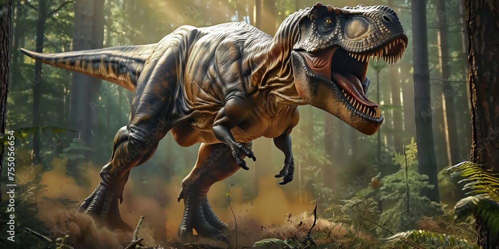 A powerful Tyrannosaurus rex depicted in mid-roar as it moves through a ...