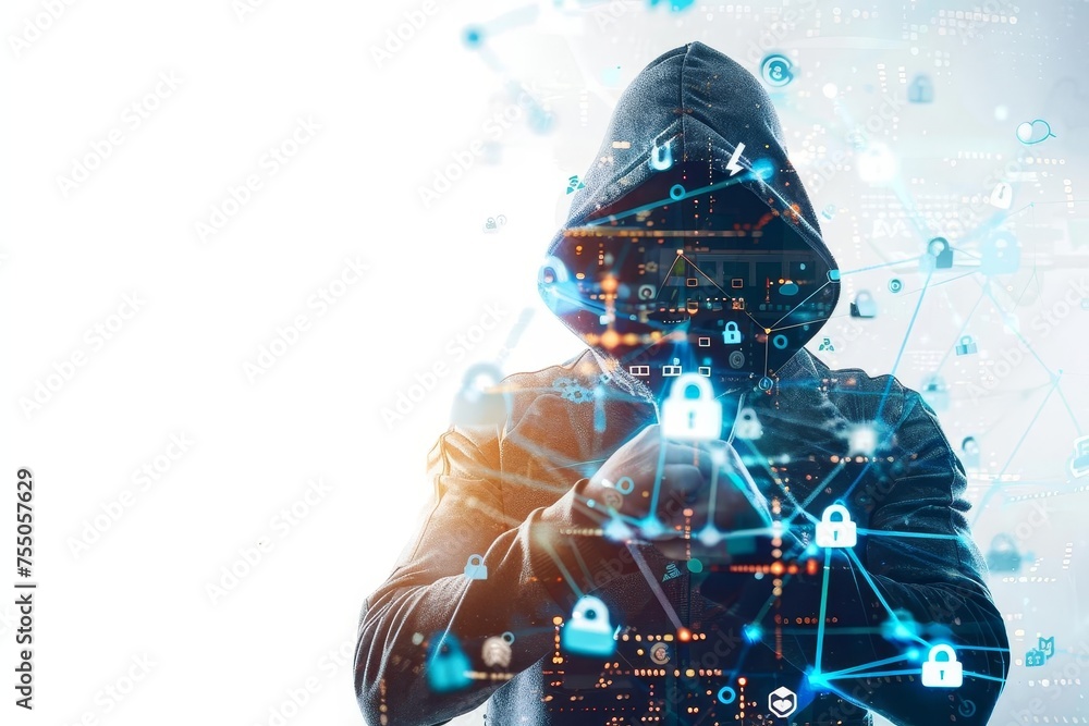 Cybersecurity concept with a hacker isolated on a white background ...