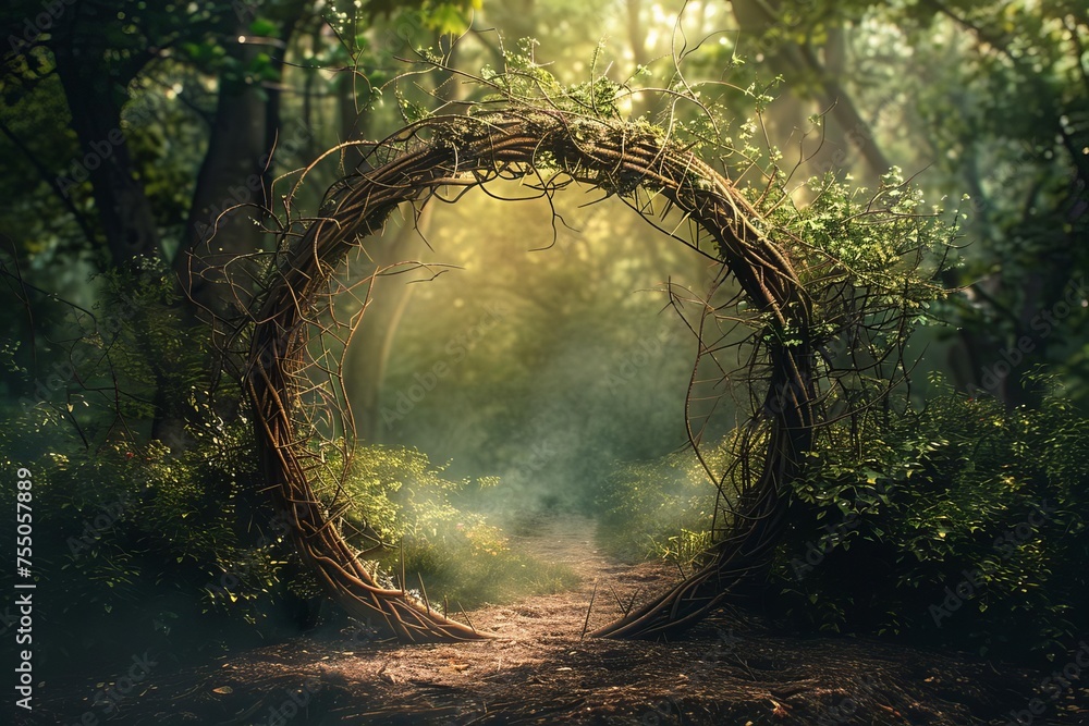 Enchanted forest clearing with a mystical doorway woven from living ...