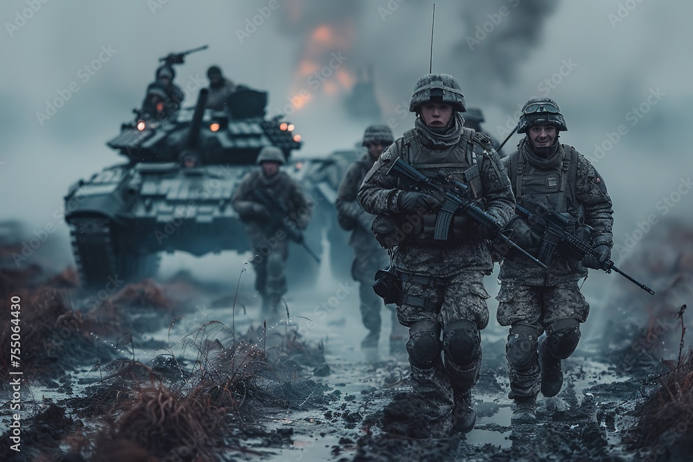 In the heart of conflict, military troops bravely face the frontline of ...